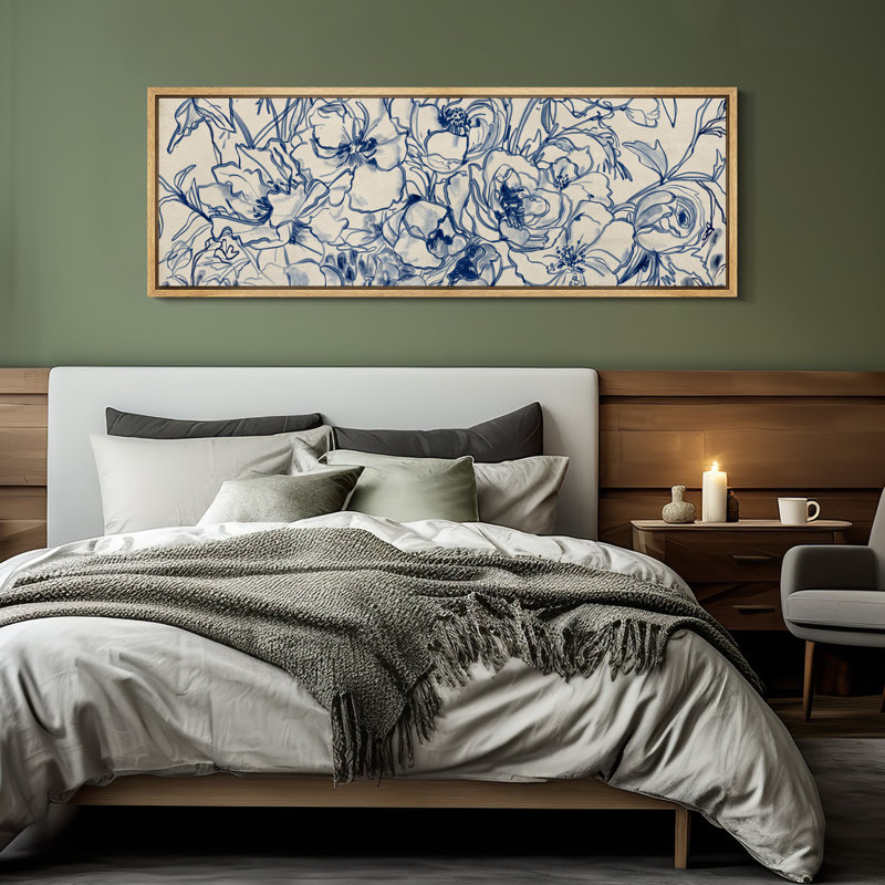 IDEA4WALL Navy Blue Abstract Flower Artwork Modern Boho Extra Large Pictures Framed Canvas Print ...